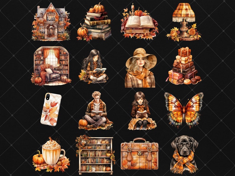 36 Watercolor Fall Plaid Bookworm Clip Art Bundle Bookshelf - Etsy