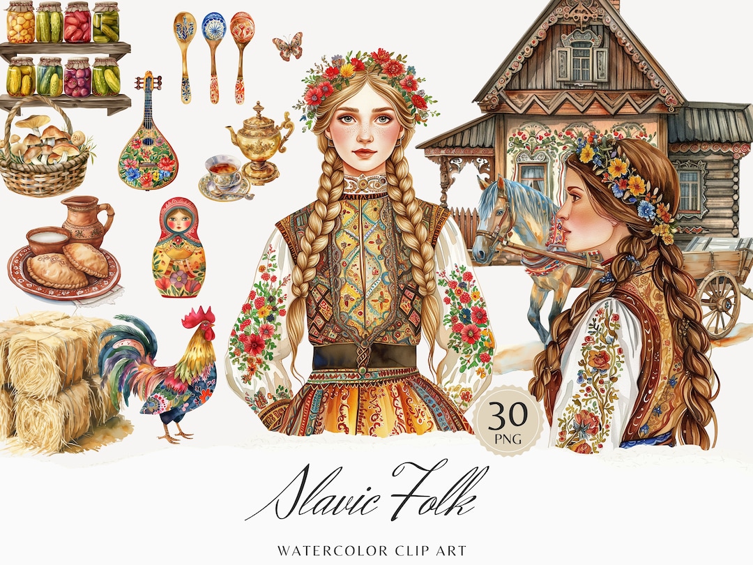 Watercolor Slavic Folk Clipart, Folk Clip Art, Floral Graphics, Folk ...