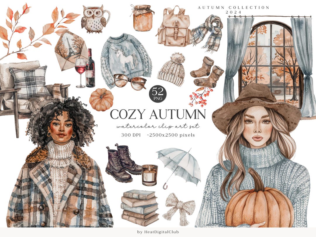 Watercolor Cozy Autumn Clipart Bundle, Fall Clipart PNG, Neutral Cozy ...