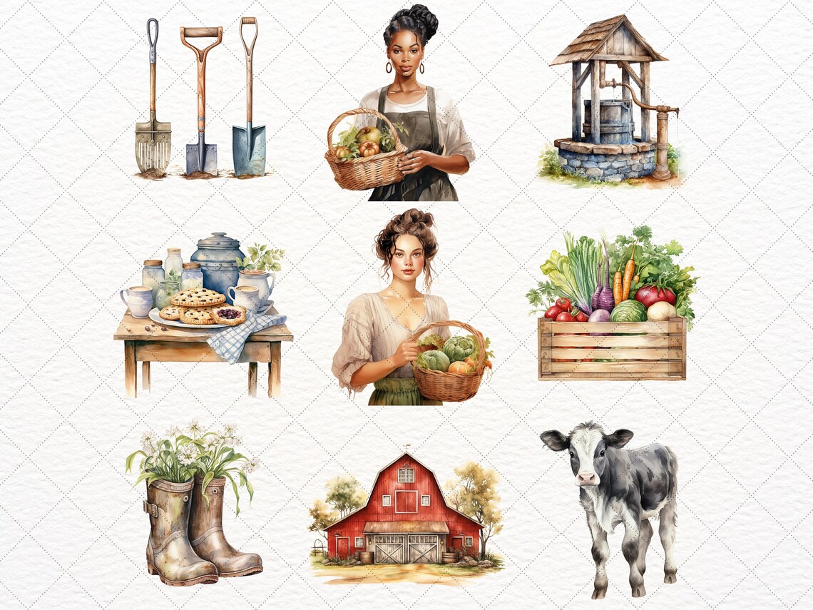 Watercolor Farm Life Clipart Bundle, Farmhouse Clip Art, Farm Animals ...