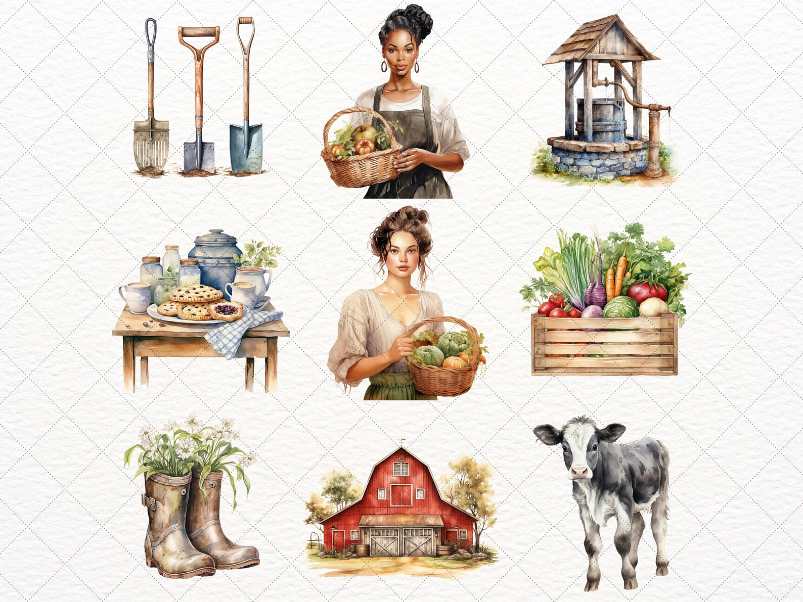 Watercolor Farm Life Clipart Bundle, Farmhouse Clip Art, Farm Animals ...
