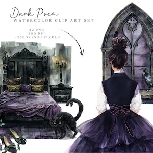 Watercolor Dark Poem Clip Art, Edgar Allan Poe Clipart Set, Vintage ...