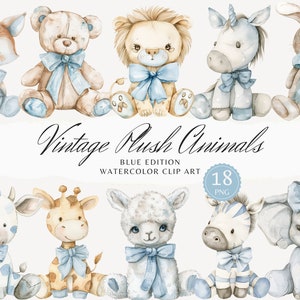 Watercolor Blue Vintage Plush Animals Clipart Bundle, Nursery Animal ...