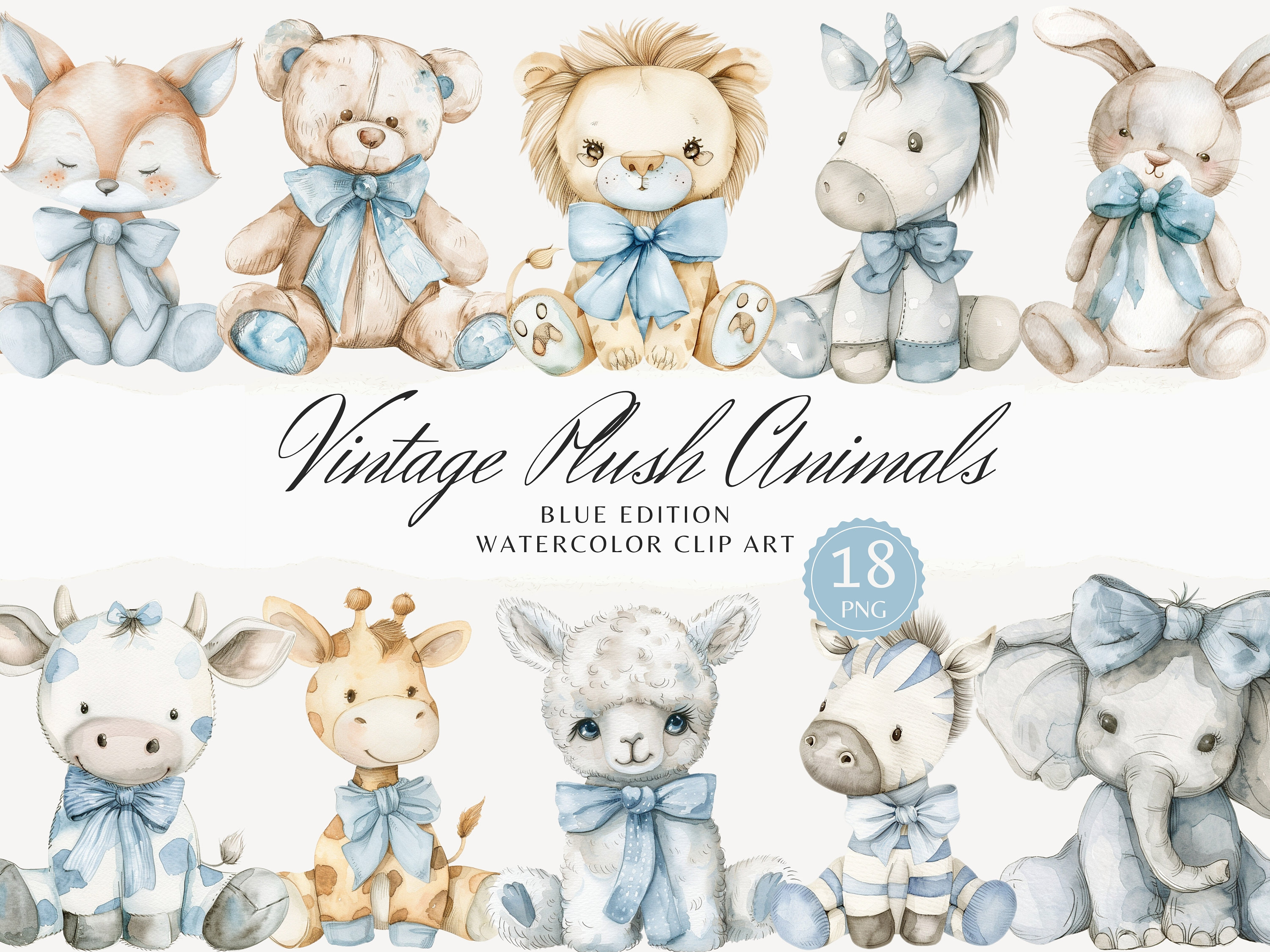 Watercolor Blue Vintage Plush Animals Clipart Bundle, Nursery Animal ...