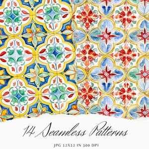 14 Seamless Watercolor Italian Tile Patterns, Mediterranean Digital ...