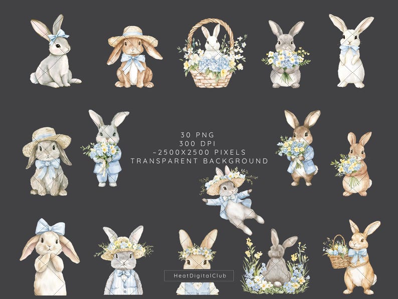 Watercolor Easter Bunnies Clipart, Bunny Boy PNG, Blue Bunnies Clipart ...