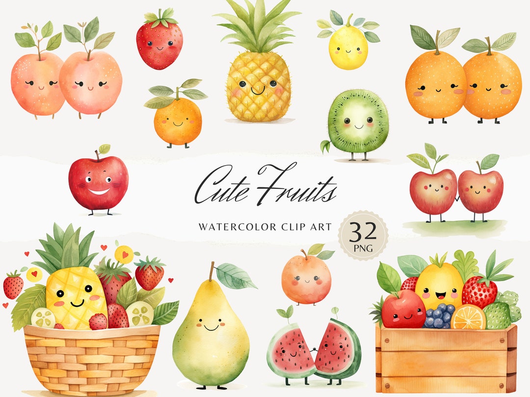 Watercolor Cute Fruits Clipart Bundle, Funny Fruits Berries Clip Art ...