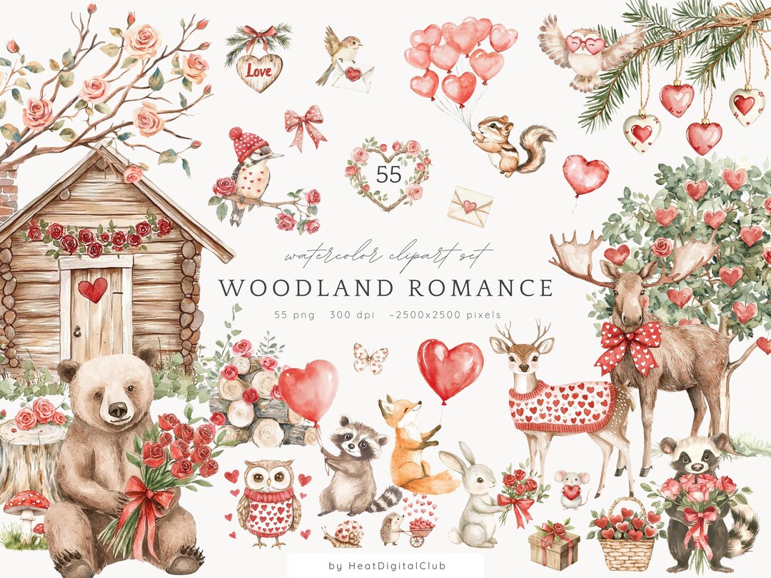 Watercolor Woodland Romance Clipart, Valentines Day Clip Art, Romantic ...