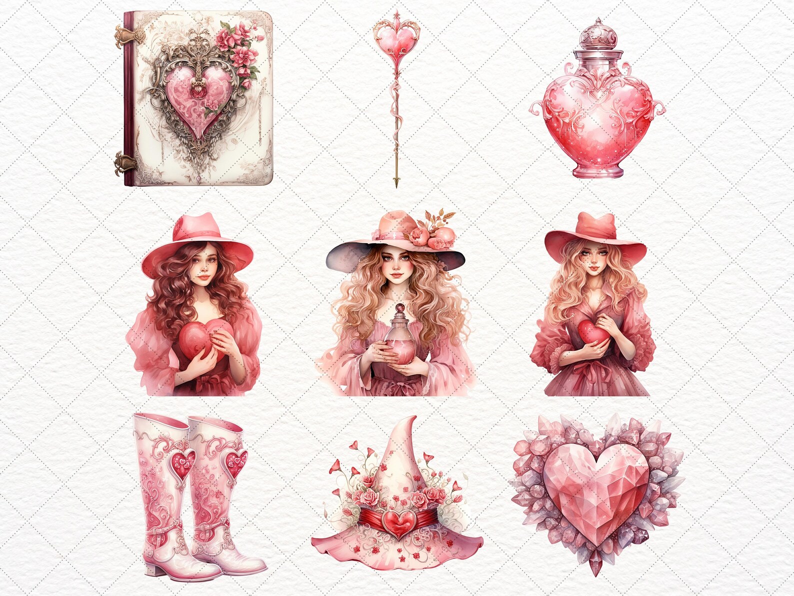 Watercolor Love Witch Clipart Bundle, Romantic Magic Witch Clip Art PNG ...