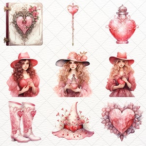 Watercolor Love Witch Clipart Bundle, Romantic Magic Witch Clip Art PNG ...