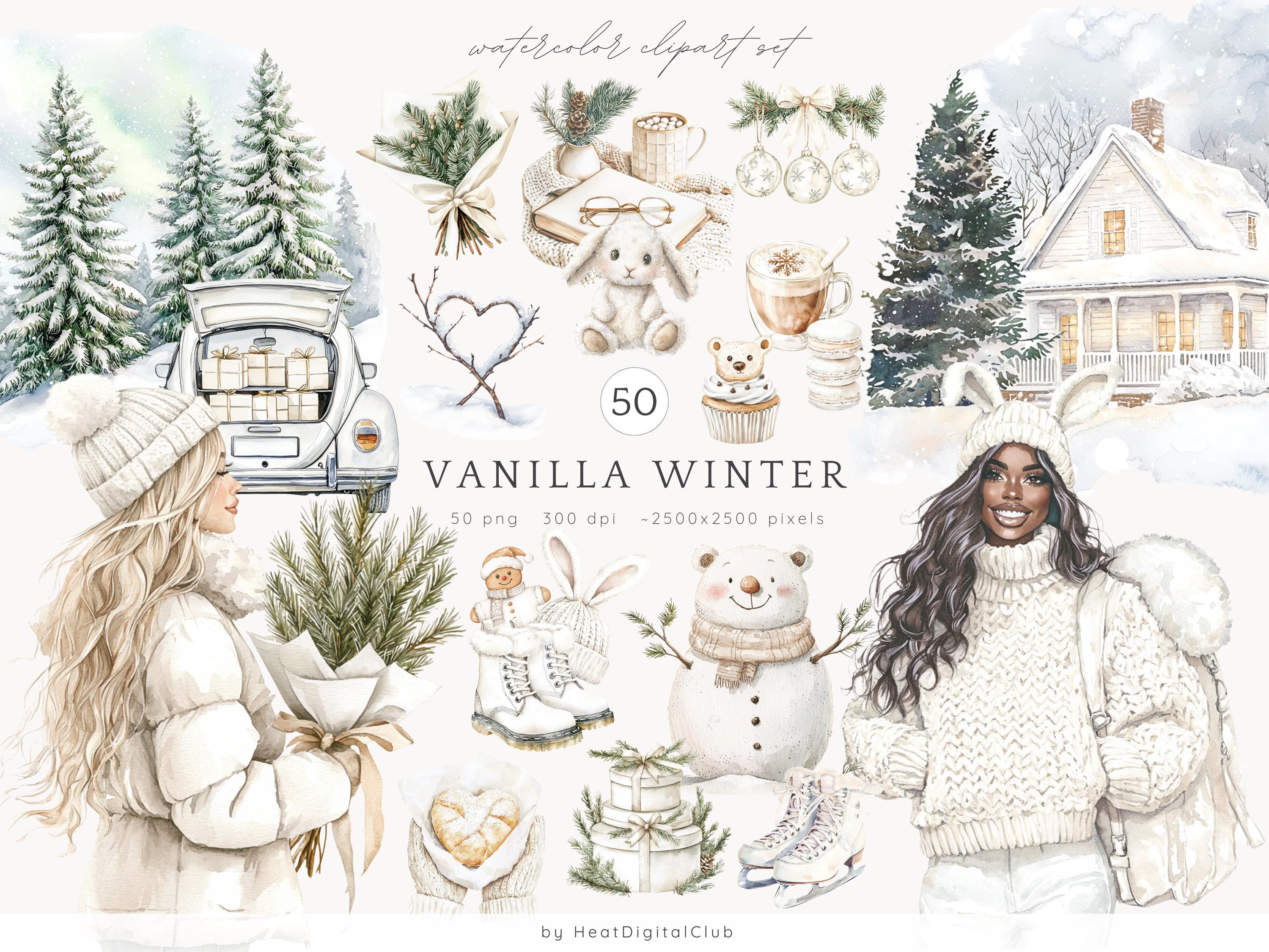 Watercolor Vanilla Winter Clipart, Cozy Winter Clip Art Bundle, Rustic ...