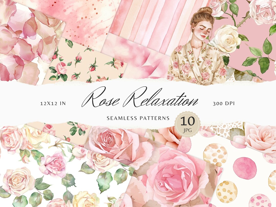 Watercolor Rose Relaxation Seamless Patterns, Pink Roses Pattern JPEG ...