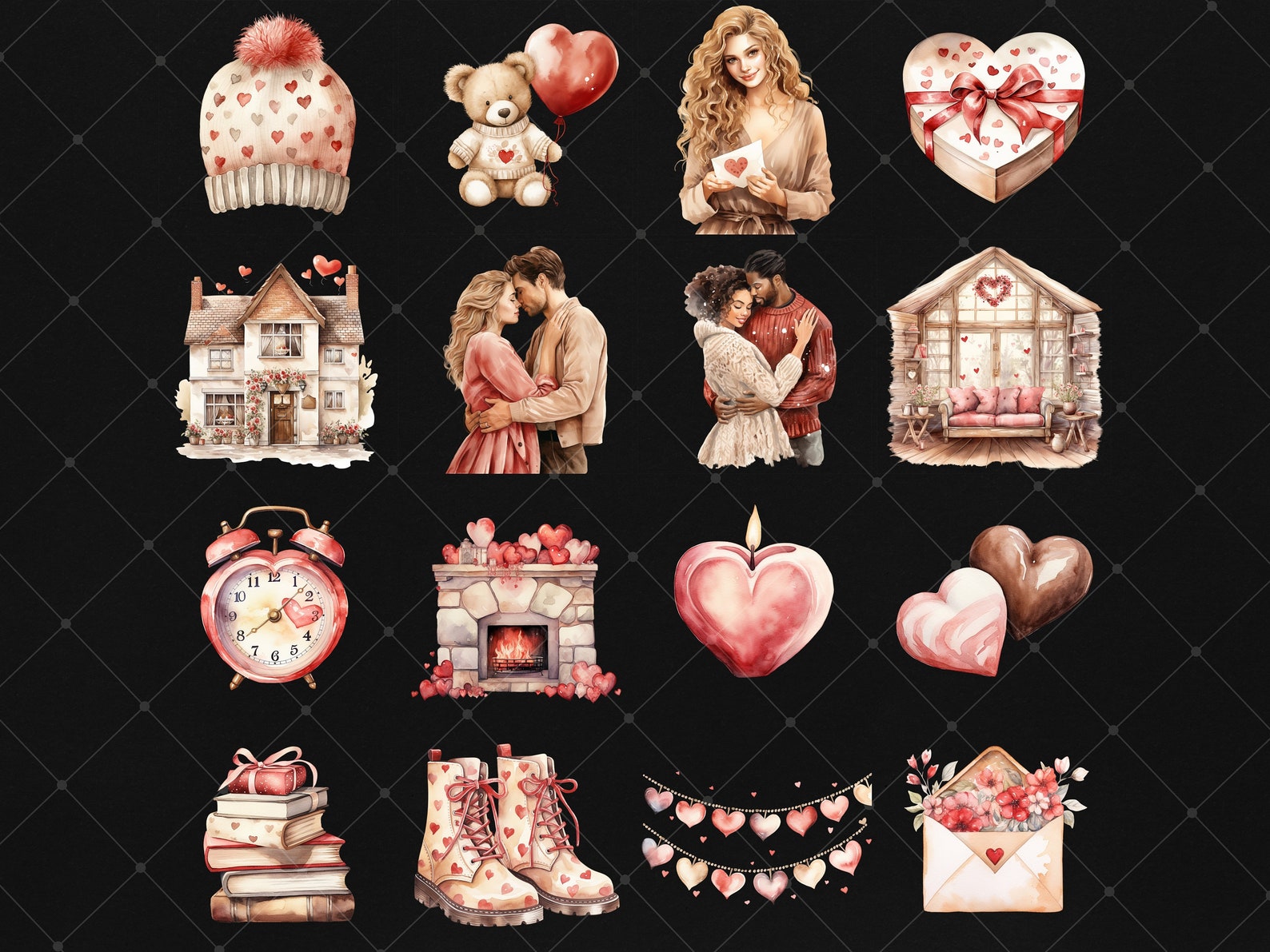 Watercolor Cozy Valentine Clipart Bundle, Valentines Day Clip Art PNG ...