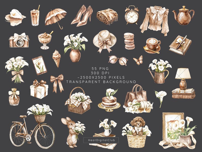 Watercolor Mocha Spring Clipart, Cottage Spring Summer Garden, Cozy ...