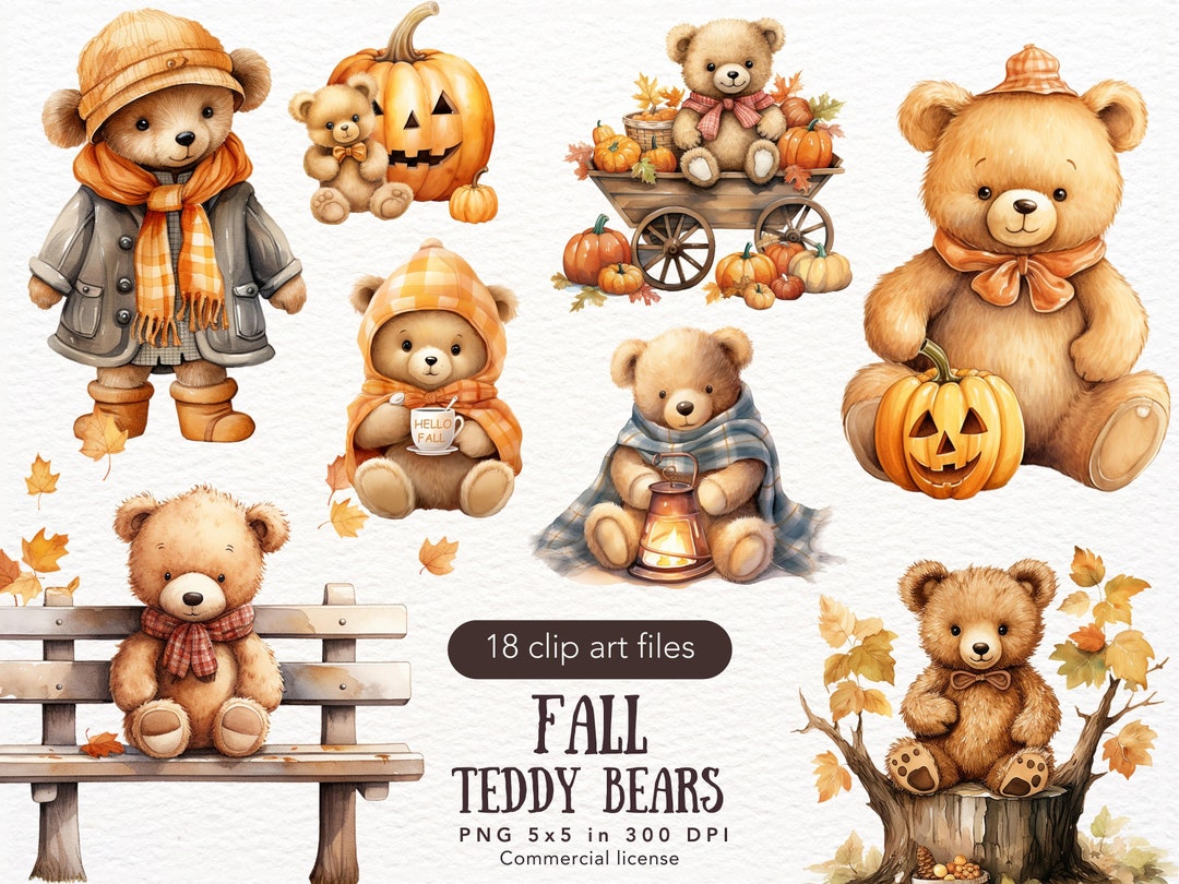 18 Fall Teddy Bears Clipart, Cozy Autumn Watercolor Clip Art, Cute Bear ...