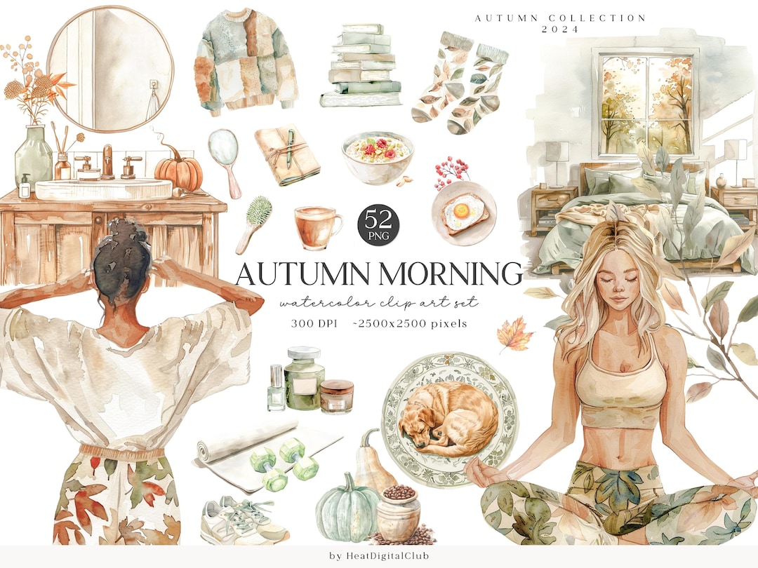 Watercolor Autumn Morning Clipart Bundle, Fall Clipart PNG, Neutral ...