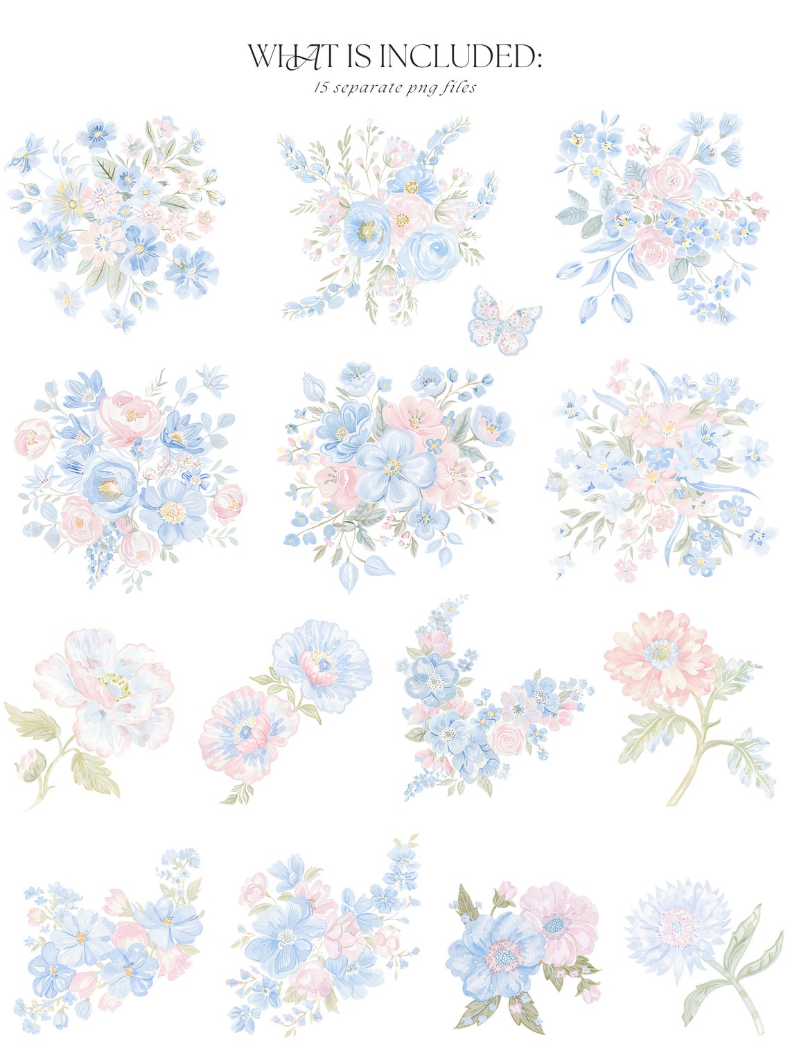 Watercolor Pink and Blue Flowers Clipart, Pastel Floral Clip Art ...