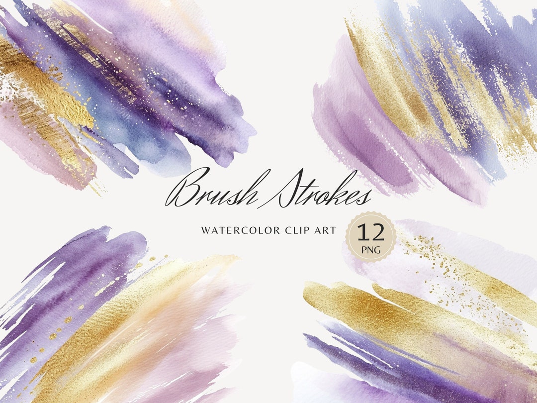 Watercolor Purple Brush Strokes Clipart, Gold Glitter and Foil, Brush ...
