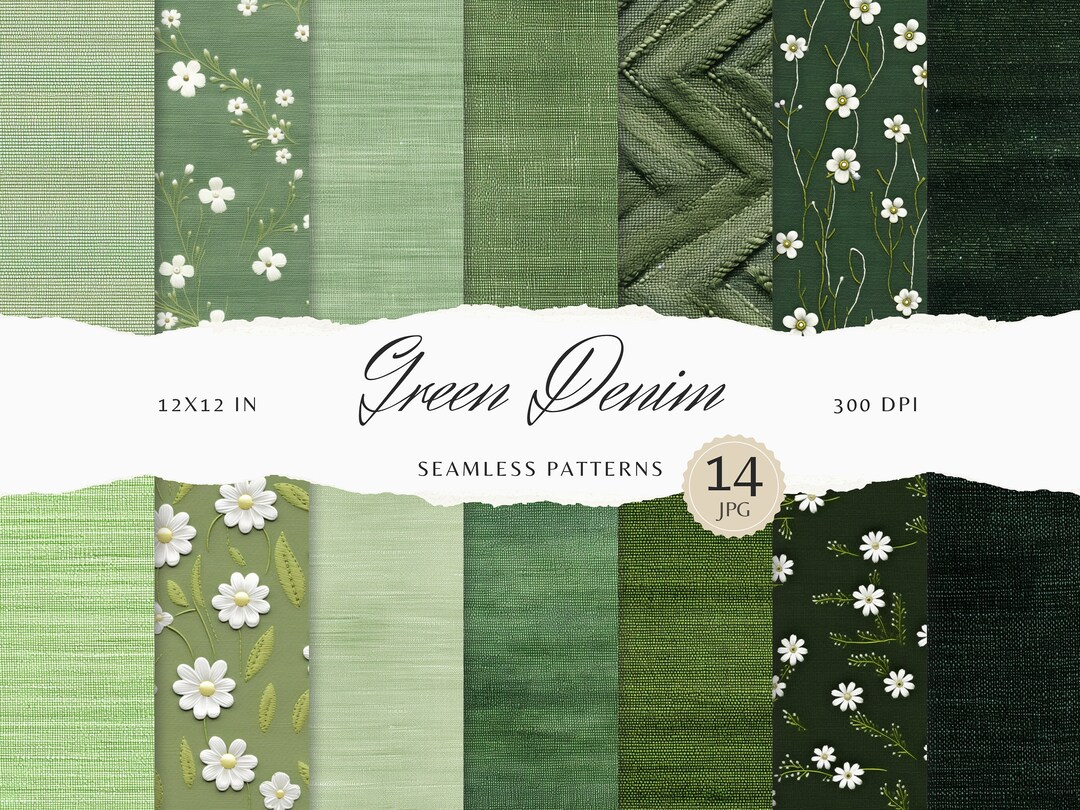 14 Seamless Green Denim Patterns, Denim Texture Digital Download JPEG ...