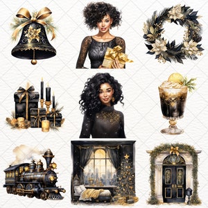 Watercolor Black & Gold Christmas Clipart Bundle, Festive Holiday Clip ...