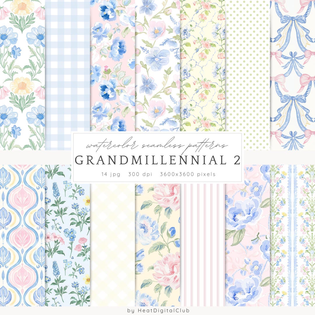 Watercolor Grandmillennial Seamless Patterns, Set 2, Pastel Floral JPEG ...