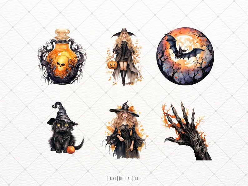 Watercolor Spooky Dark Halloween Witch Clipart Bundle PNG, Witchcraft ...