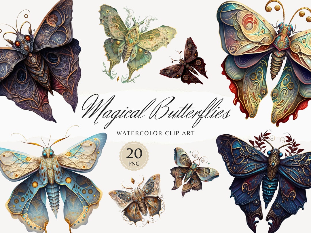 20 Magical Butterflies, Magic Moths, Butterfly PNG Bundle, Witch Clip ...