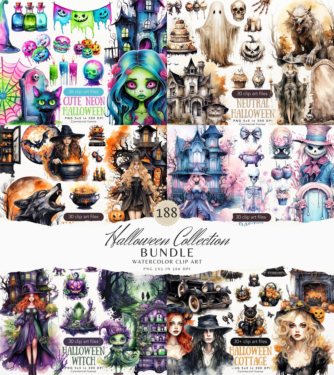 Watercolor Spooky Witch Clipart Bundle, Halloween Illustrations ...