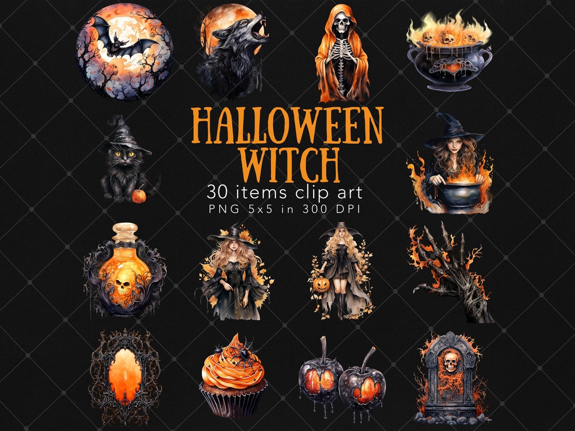 Watercolor Spooky Dark Halloween Witch Clipart Bundle PNG, Witchcraft ...