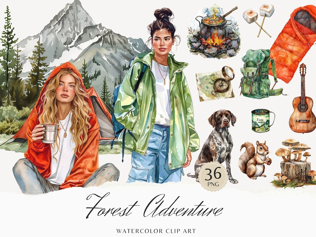 Watercolor Forest Adventure Clipart, Camping Clip Art, Travel PNG ...