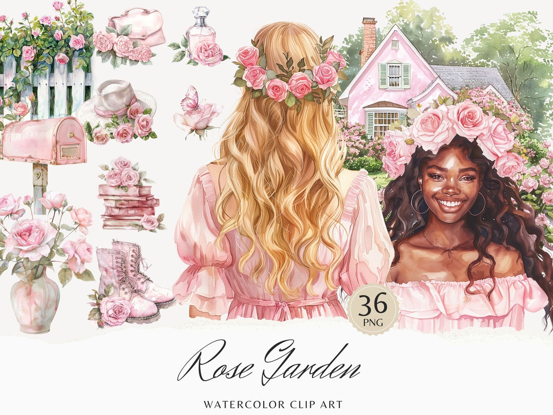 Watercolor Rose Garden Clipart Bundle, Pink Roses Clip Art, Summer ...