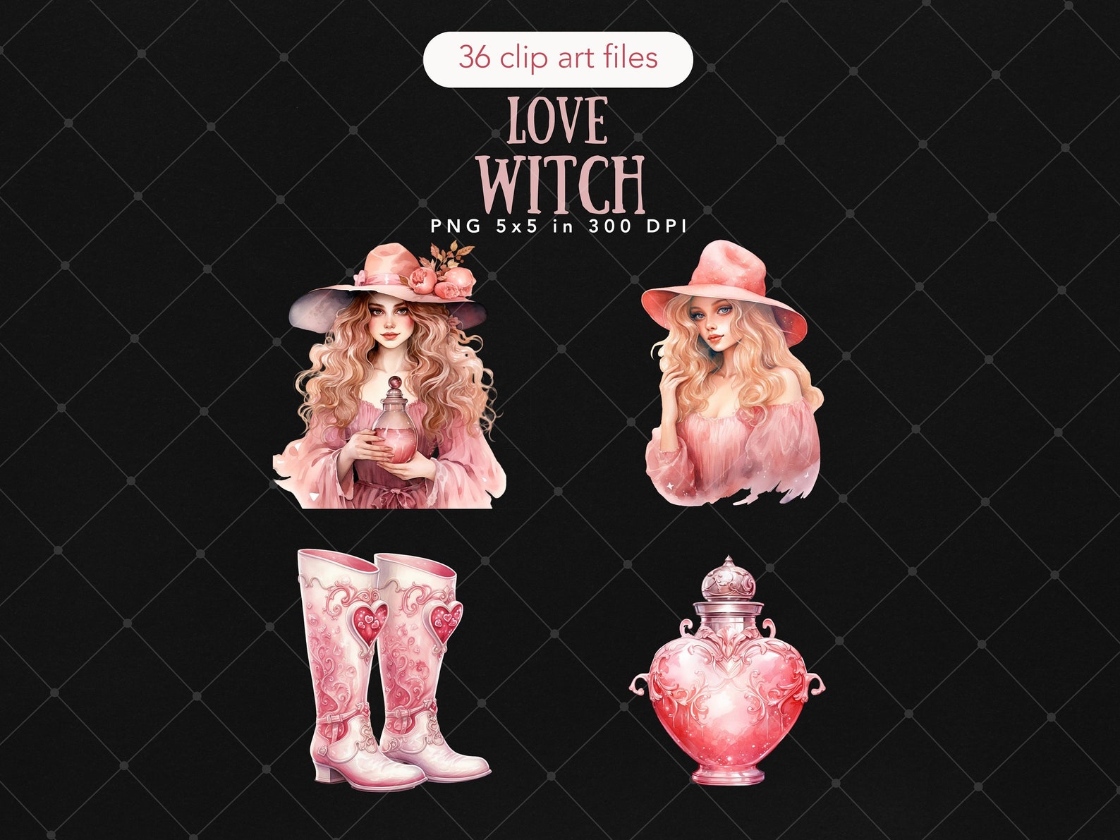 Watercolor Love Witch Clipart Bundle, Romantic Magic Witch Clip Art PNG ...