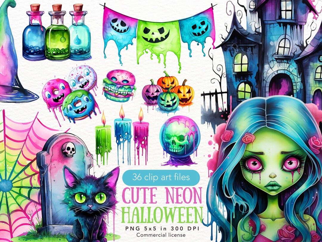 Watercolor Spooky Cute Neon Halloween Witch Clipart Bundle PNG ...
