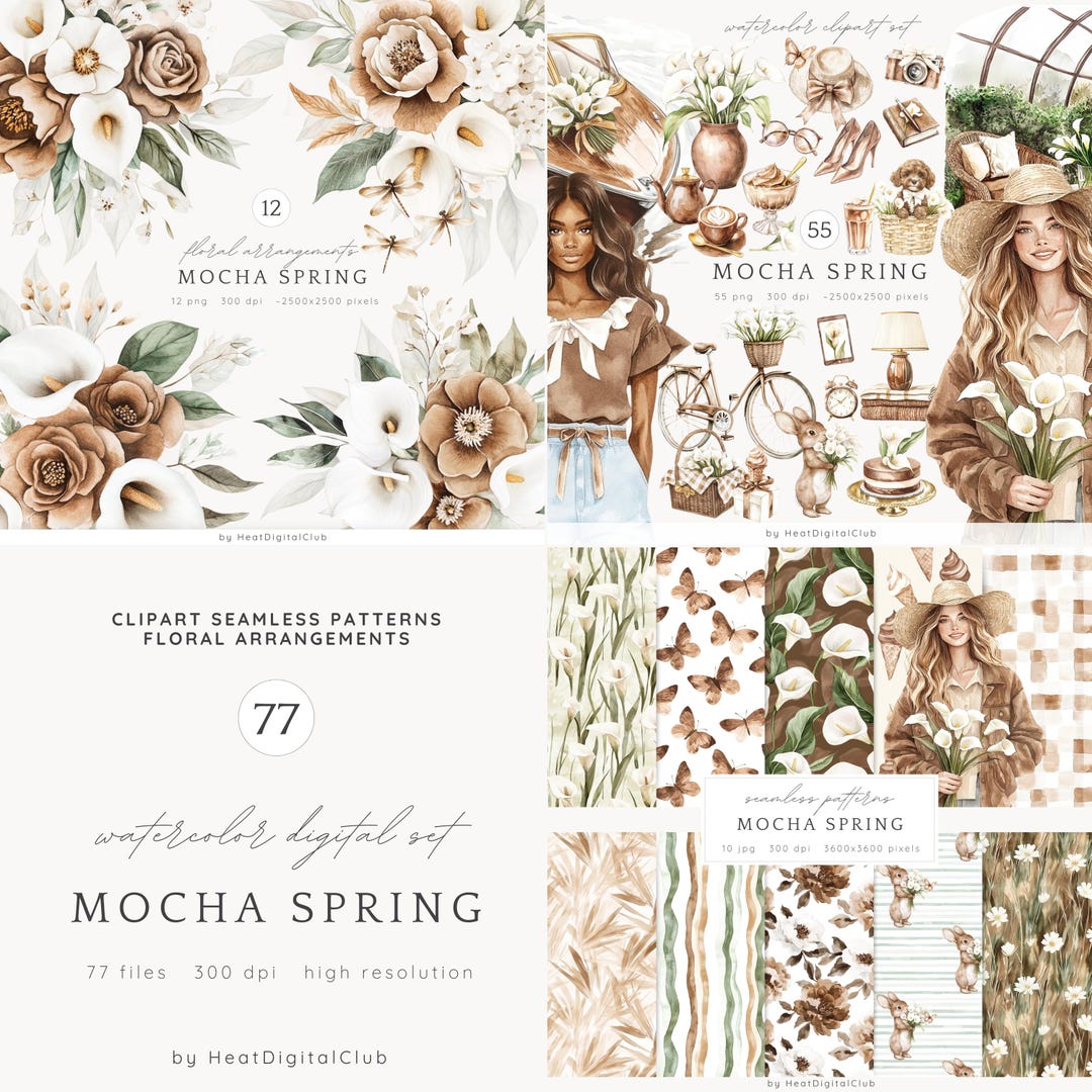 Watercolor Mocha Spring Clipart, Cottage Spring Summer Garden, Cozy ...