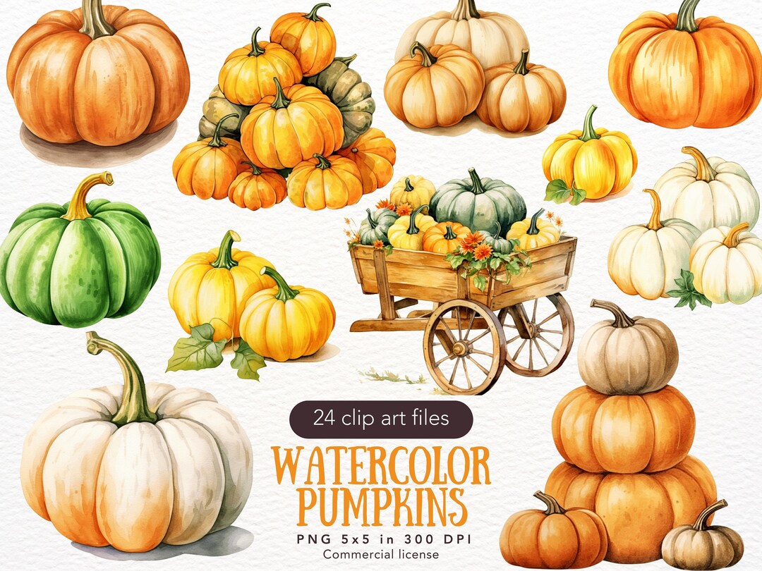 24 Watercolor Autumn Pumpkin Clipart Fall Halloween Clip Art, Garden ...