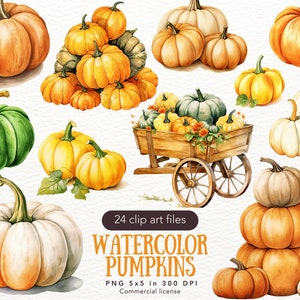 24 Watercolor Autumn Pumpkin Clipart Fall Halloween Clip Art, Garden ...