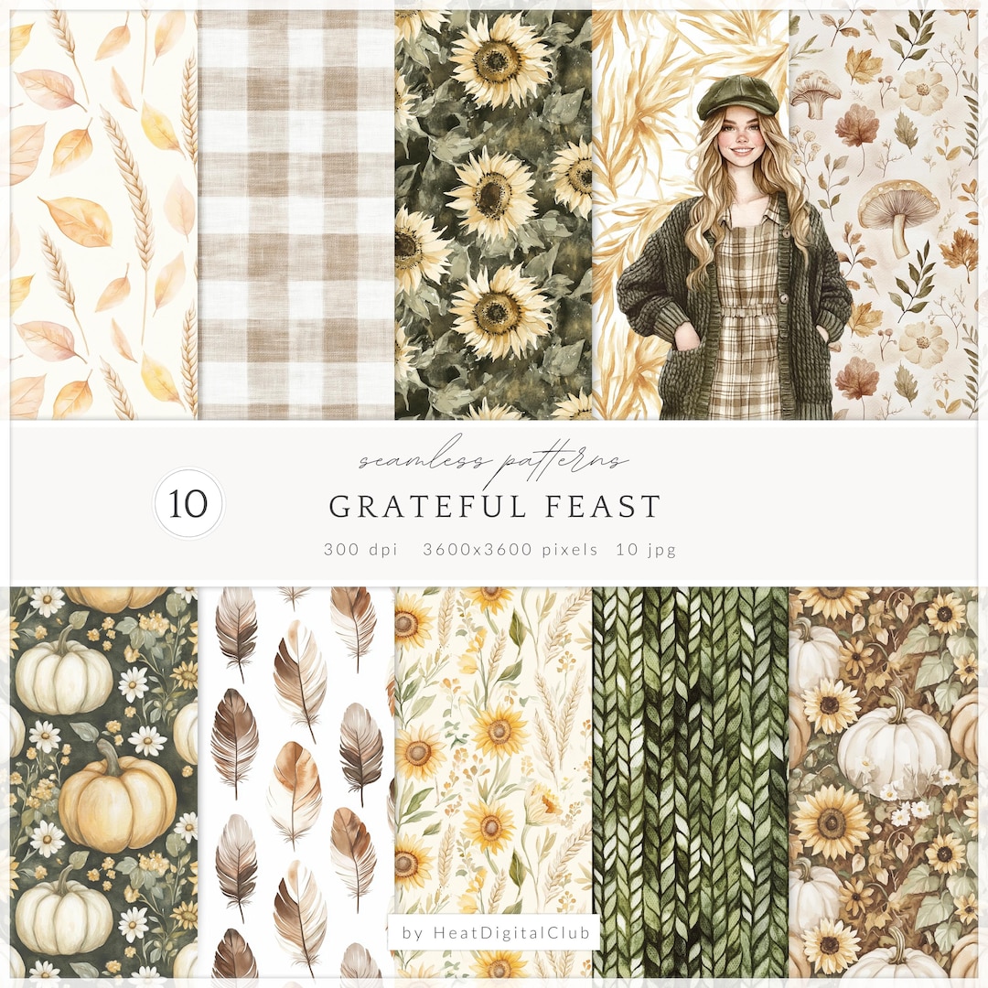 Watercolor Grateful Feast Seamless Patterns, Fall Digital Paper ...