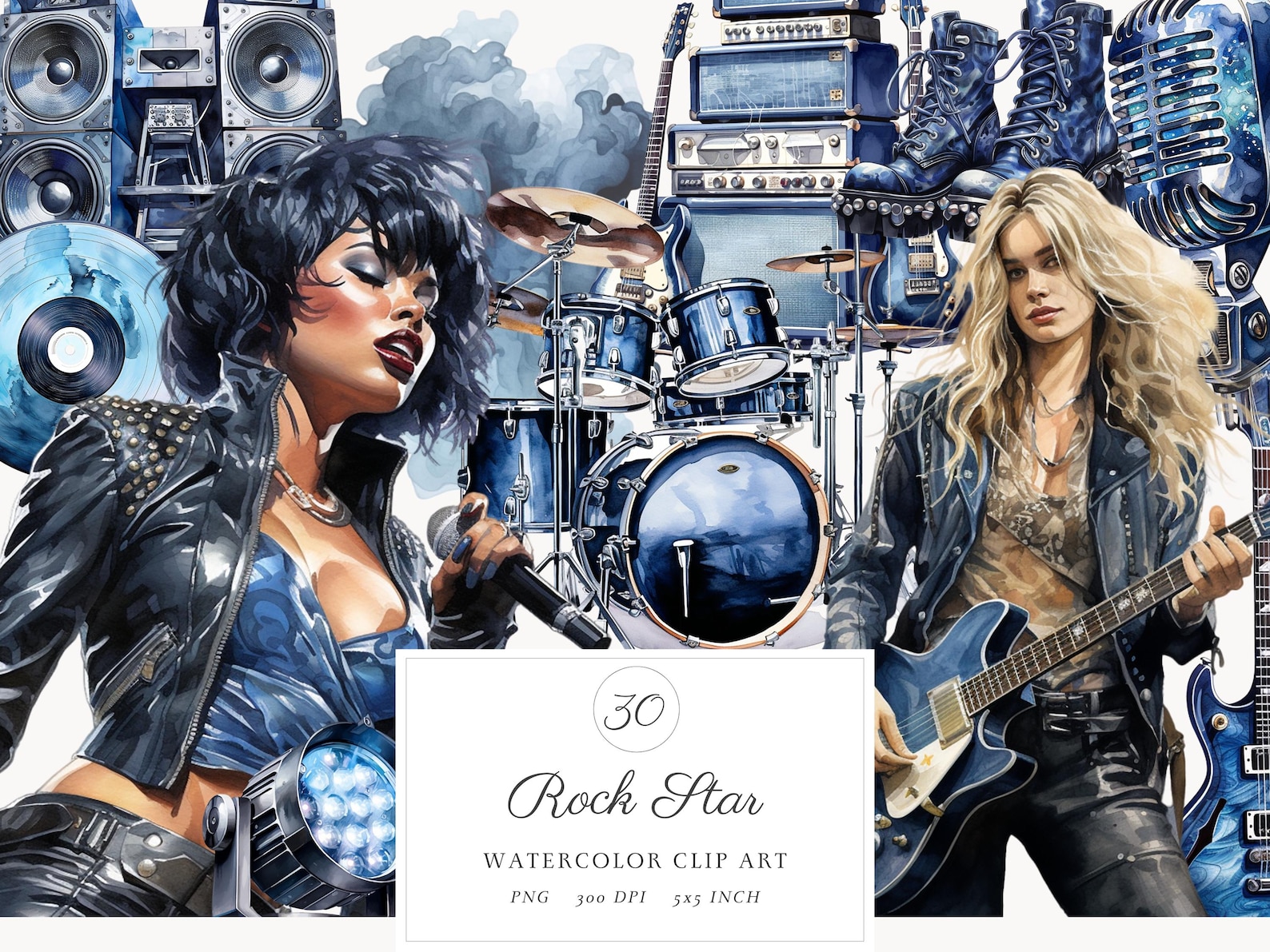Watercolor Rock Star Clipart Bundle, Rock and Roll Music Clip Art ...