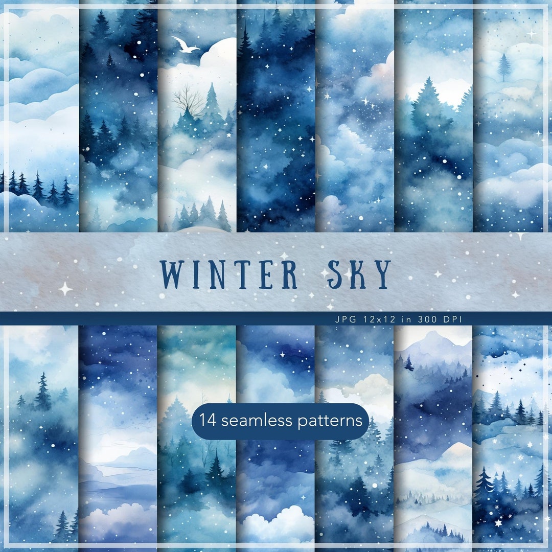 Seamless Watercolor Winter Sky Patterns, Cozy Snowy Winter Snowflake ...