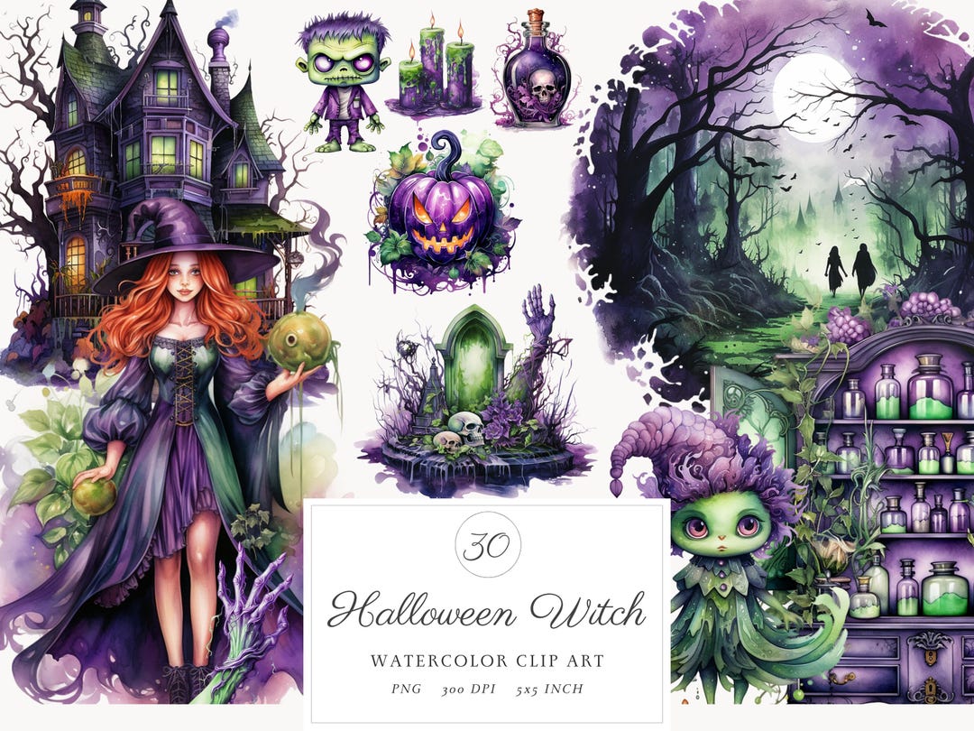 Watercolor Spooky Dark Halloween Witch Clipart Bundle PNG, Witchcraft ...