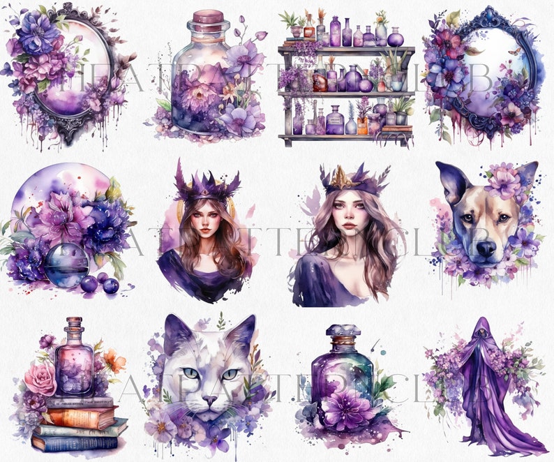 72 Witchy Items Watercolor Clipart Witch Clip Art Png Magic - Etsy