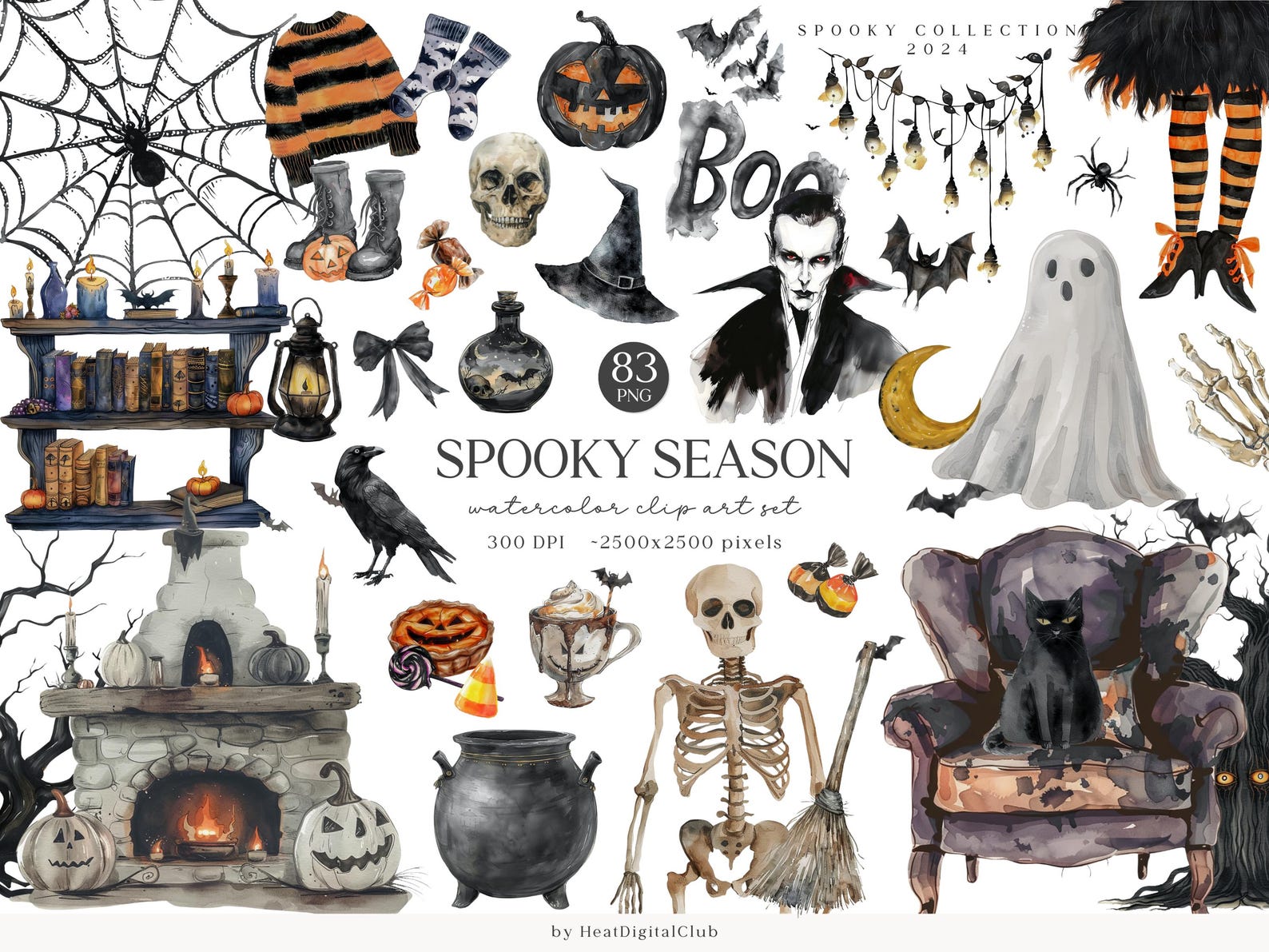 Watercolor Halloween Clipart Bundle, Spooky Season Clip Art, Black Cat ...