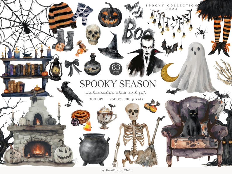 Watercolor Halloween Clipart Bundle, Spooky Season Clip Art, Black Cat ...