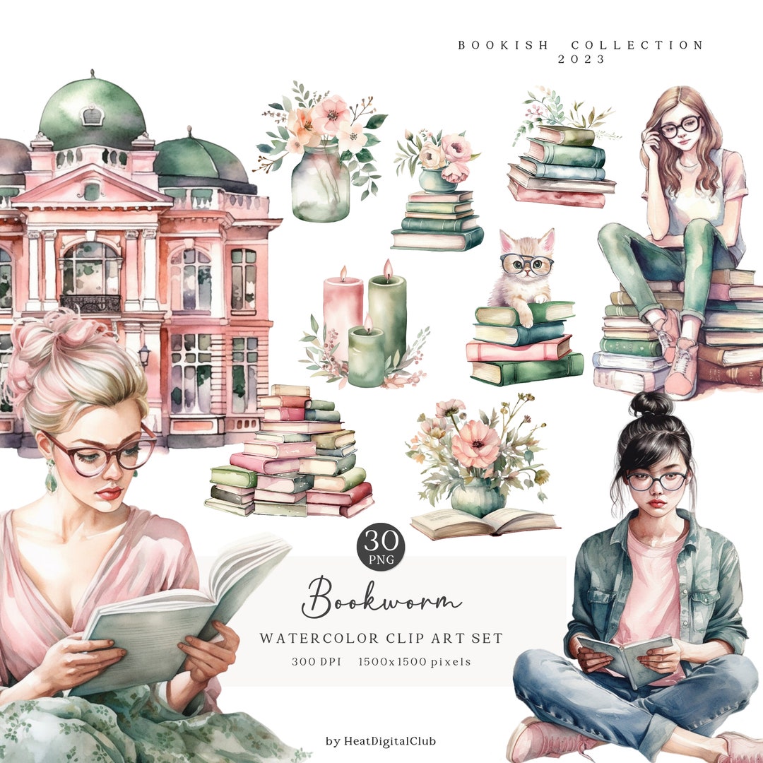 Watercolor Pink Green Bookworm Clip Art Bundle, Bookshelf, Book Lover ...