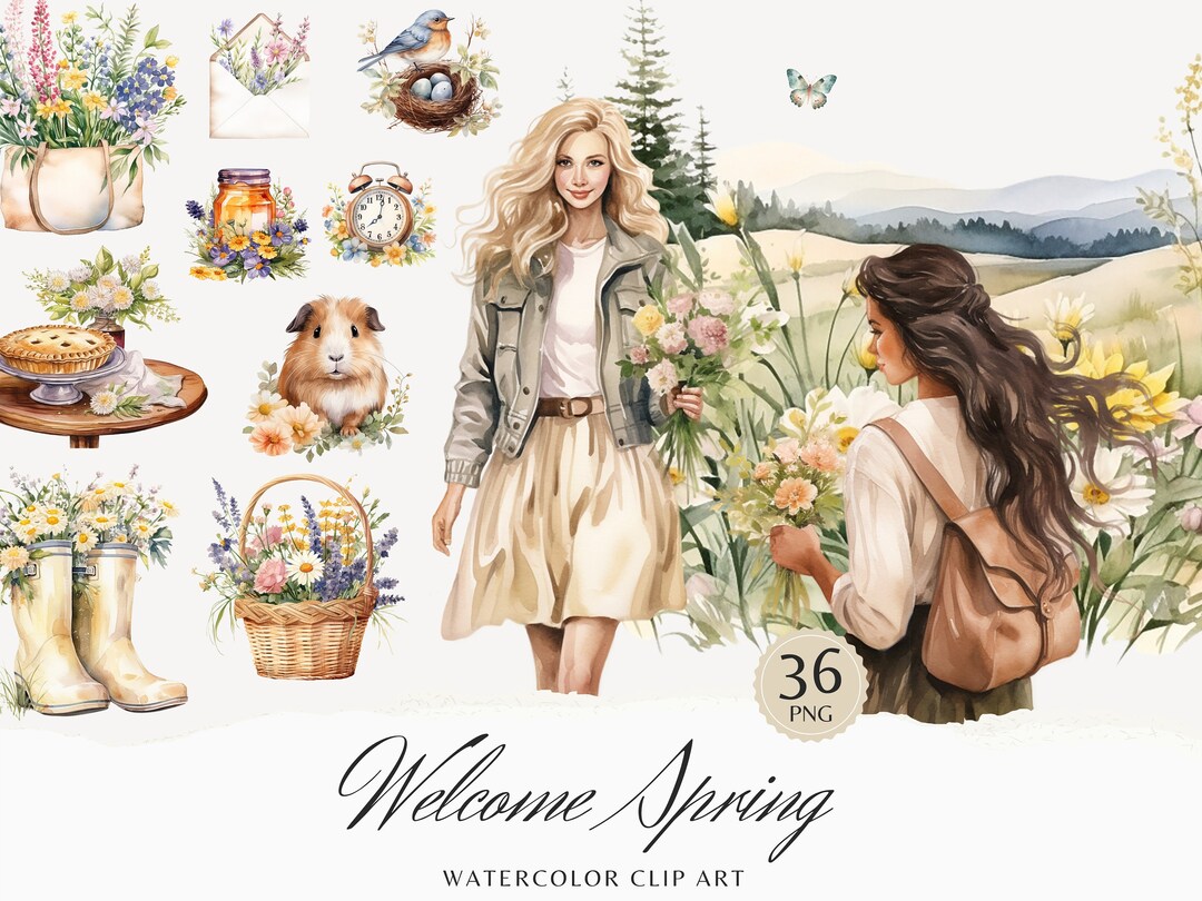 Watercolor Welcome Spring Clipart, Cozy Spring Clip Art, Floral ...