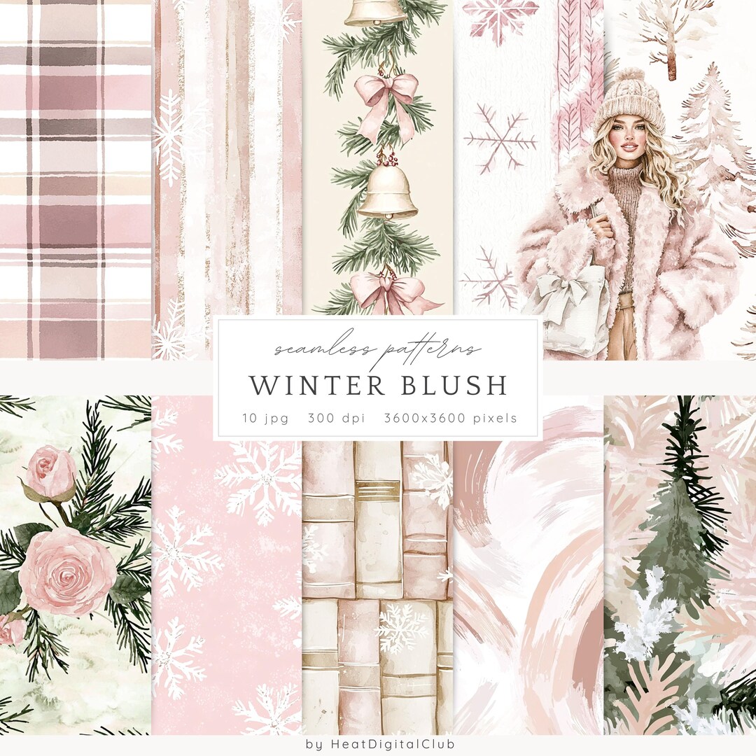 Watercolor Winter Blush Seamless Patterns, Winter Rustic JPEG ...