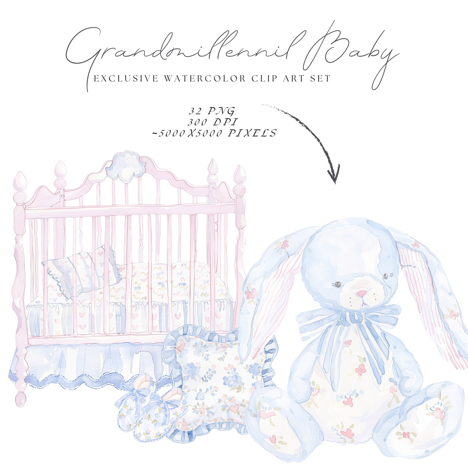 Watercolor Grandmillennial Baby Clipart Bundle, Pastel Baby Toys Clip ...