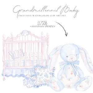 Watercolor Grandmillennial Baby Clipart Bundle, Pastel Baby Toys Clip ...