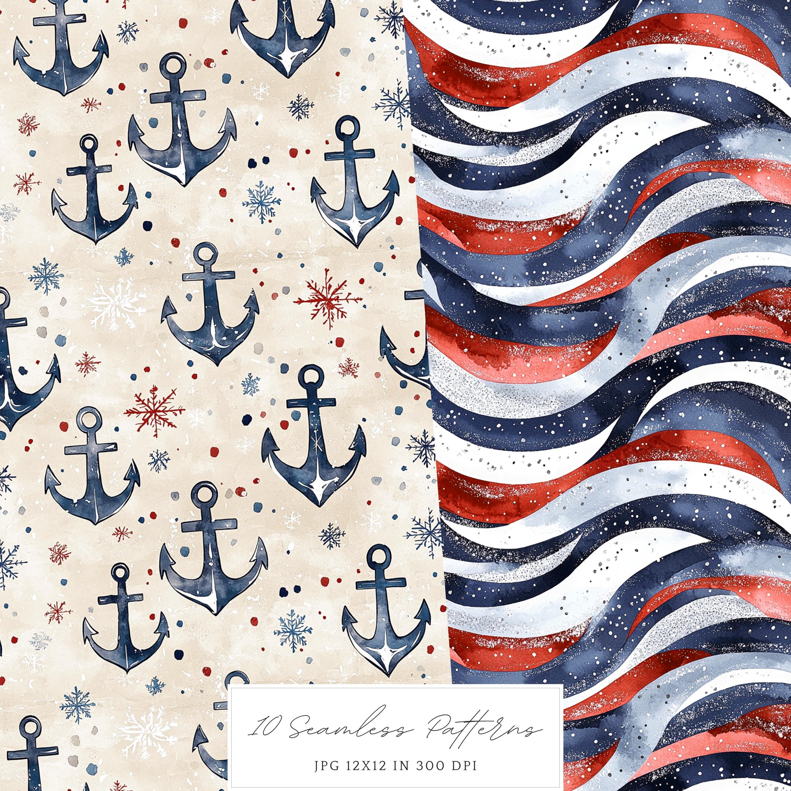 Watercolor Nautical Noel Seamless Patterns, Winter Christmas JPEG ...