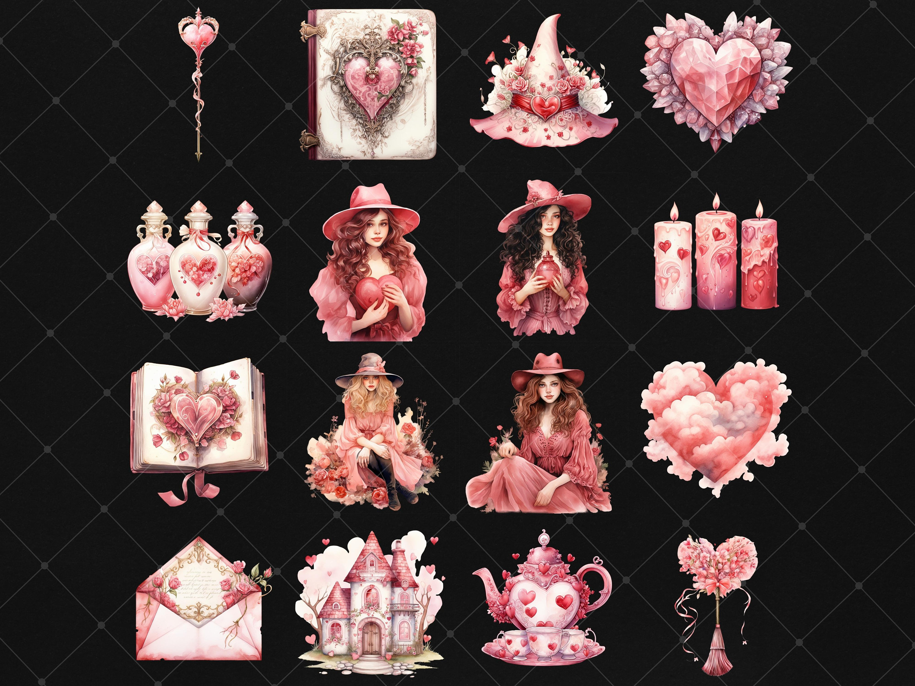 Watercolor Love Witch Clipart Bundle, Romantic Magic Witch Clip Art PNG ...
